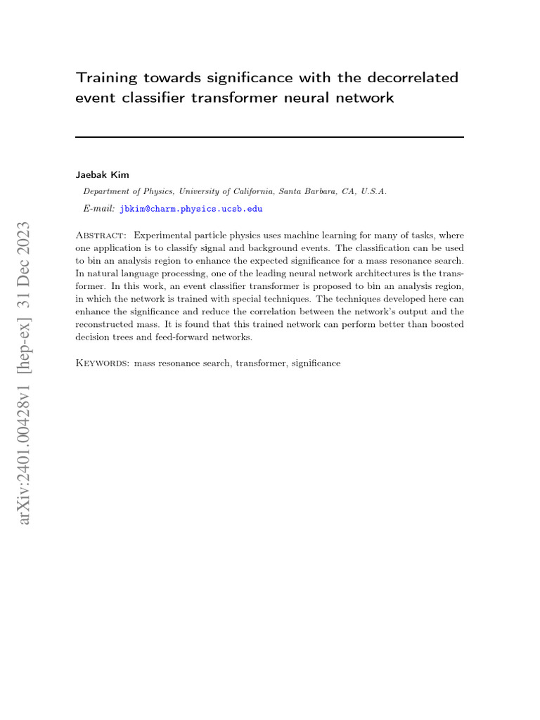Training Towards Significance With The Decorrelated Event Classifier Transformer Neural Network ...