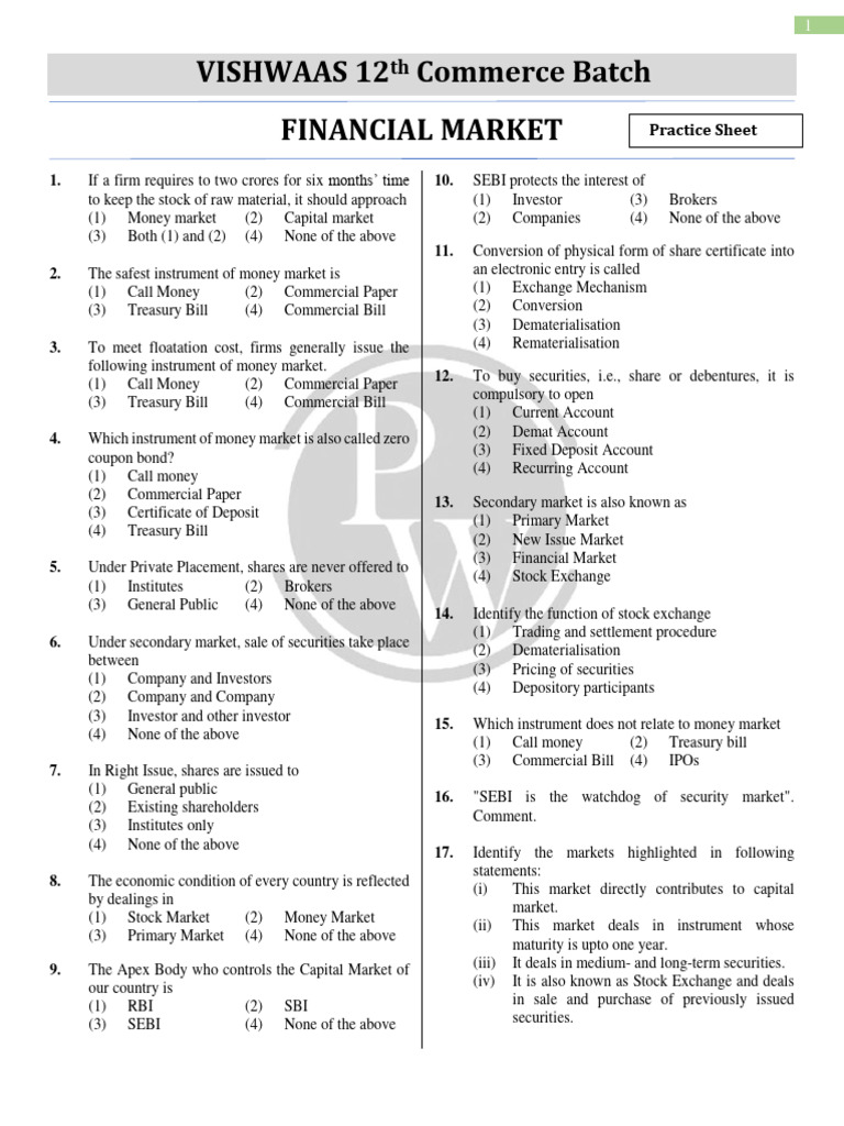 Ch10 - Financial Market Practice Sheet & Solution | PDF | Securities (Finance) | Stocks
