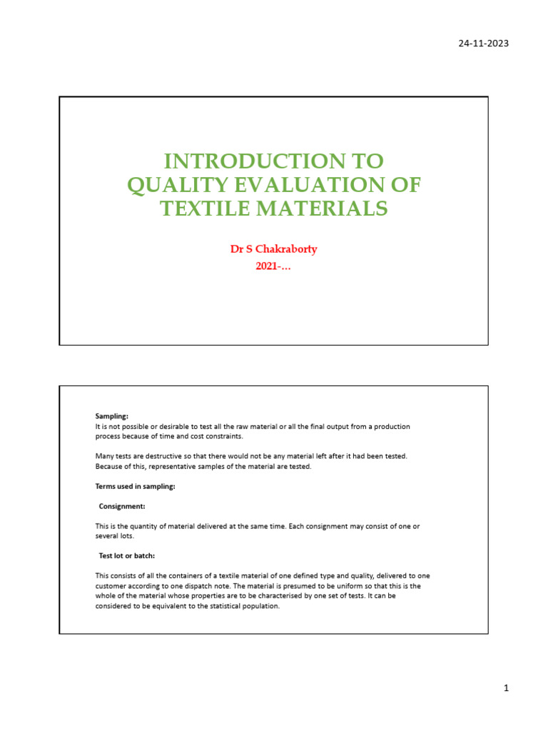 Introduction To Quality Evaluation of Textile Materials: DR S ...