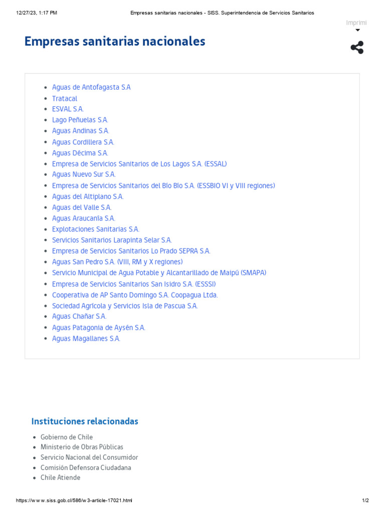 Empresas Sanitarias Nacionales - SISS. Superintendencia de Servicios Sanitarios | PDF | Chile ...