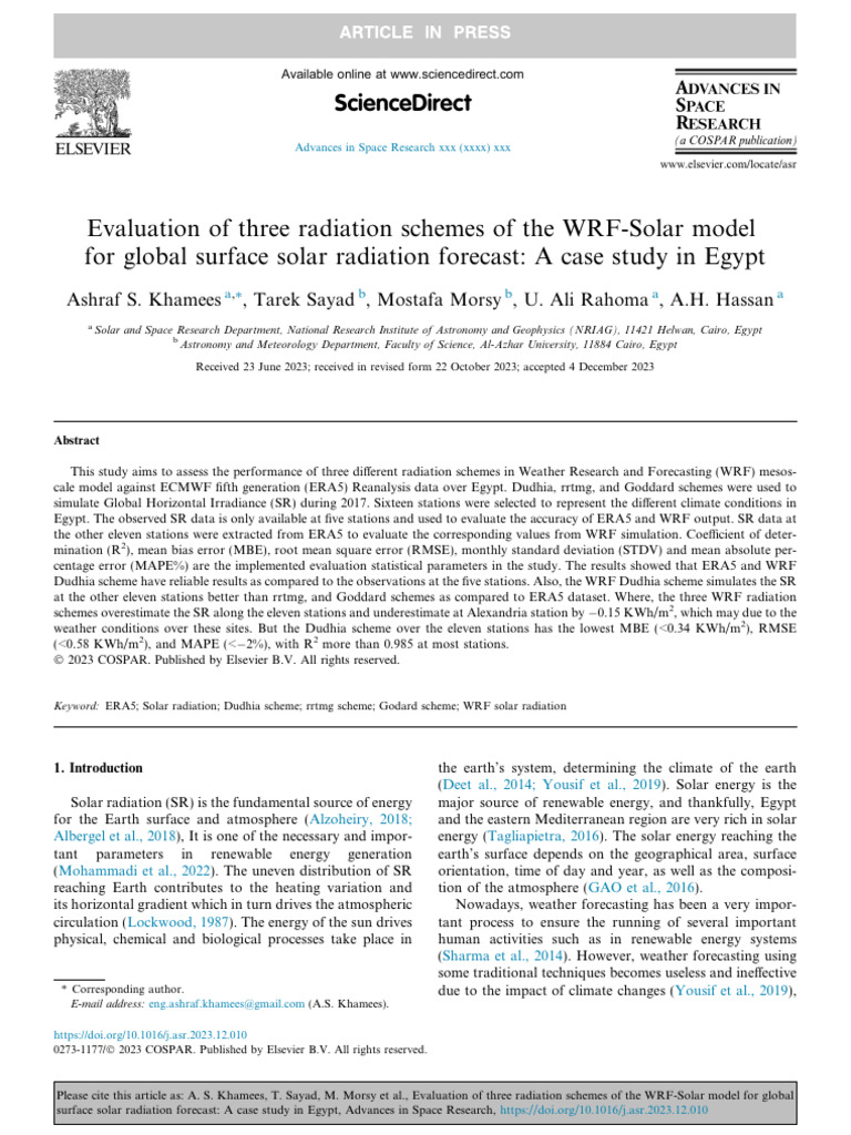 Evaluation of Three Radiation Schemes of The WRF-Solar Model For Global ...