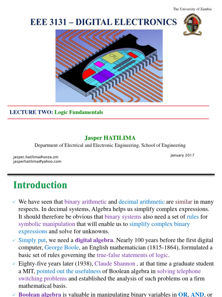 Lecture 2 - Logic Fundamentals | PDF | Logic Gate | Boolean Algebra
