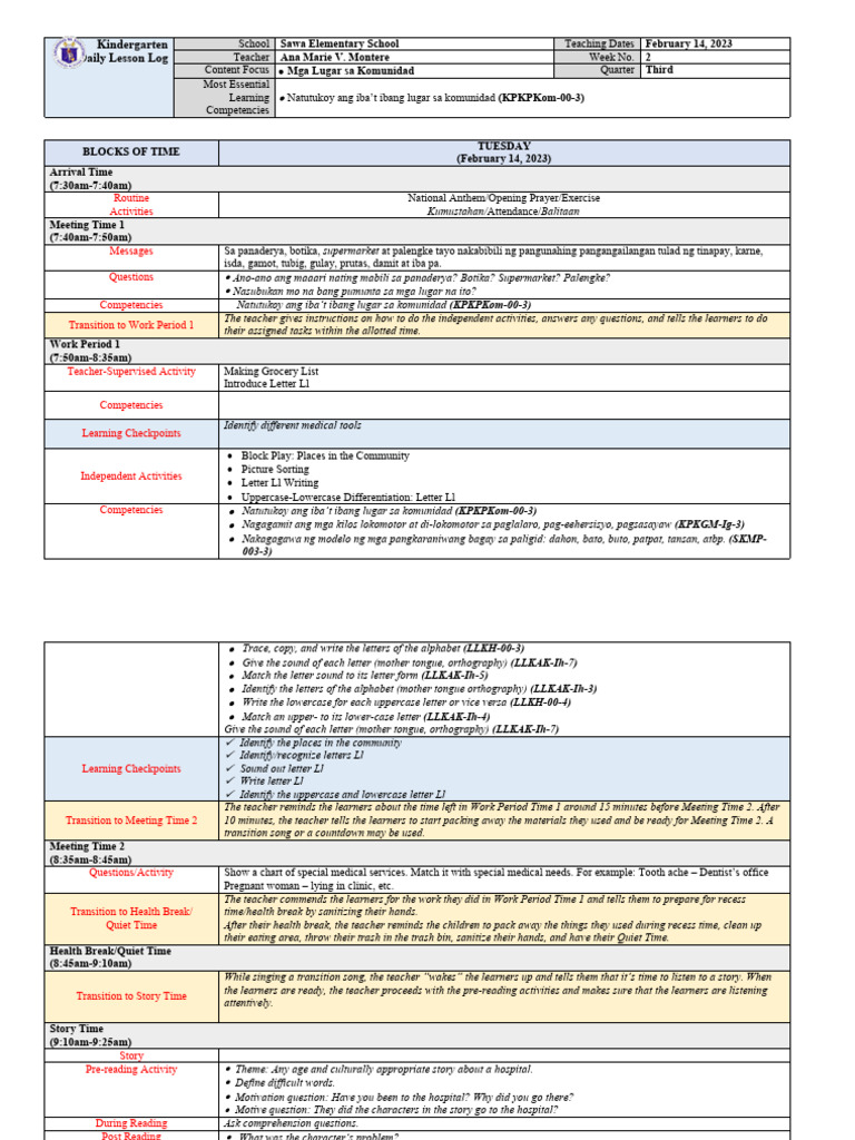 Kindergarten-DLL-Q3W2D2 | PDF | Teachers | Learning