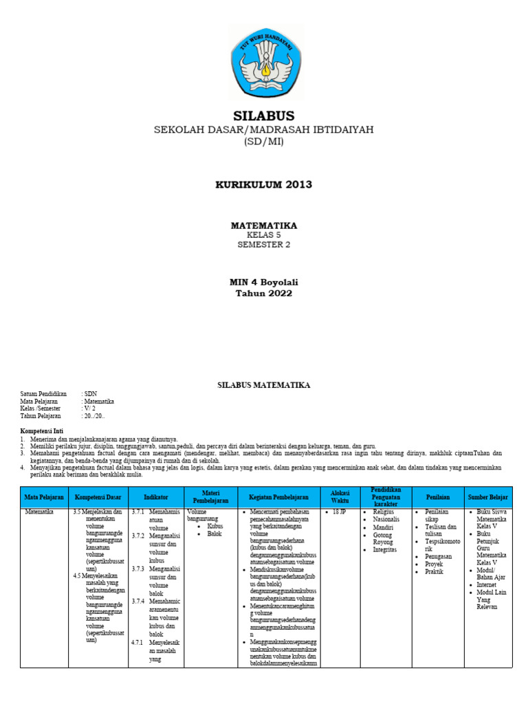 Silabus Matematika Kelas 5 SEM 2 | PDF