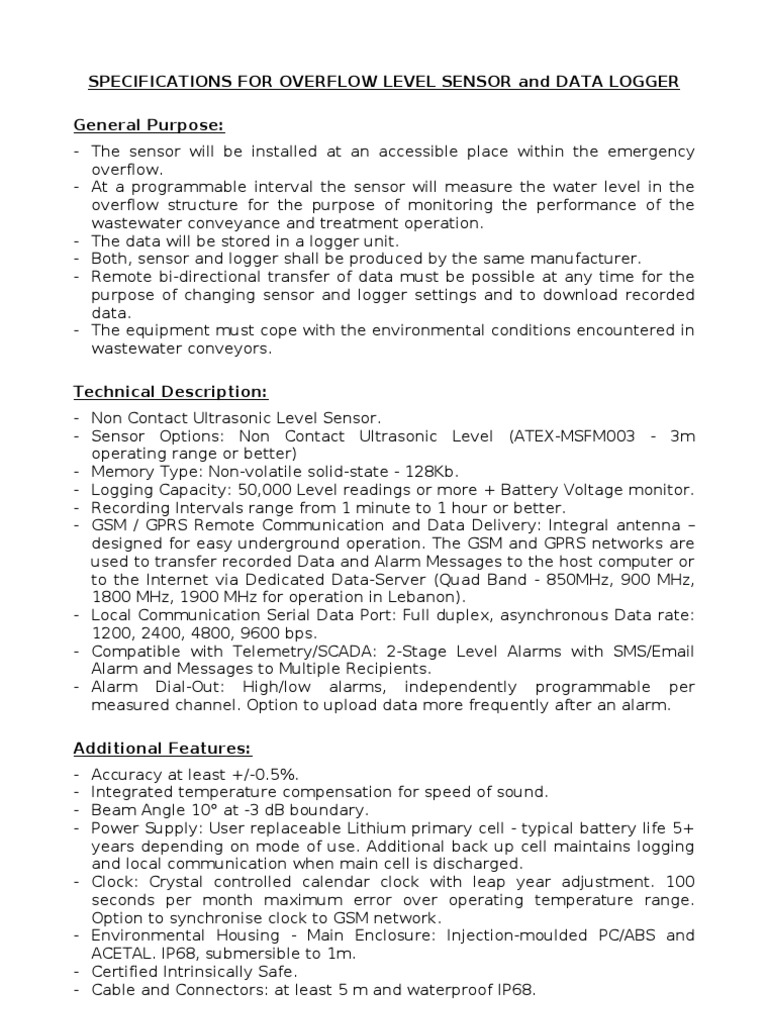 Specs Overflow Level Sensor | PDF | General Packet Radio Service ...