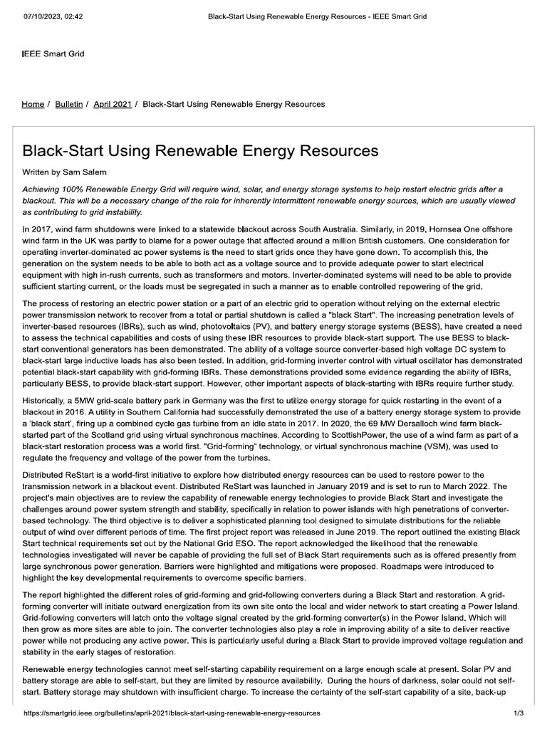 Black Start Using Renewable Energy Resources | PDF
