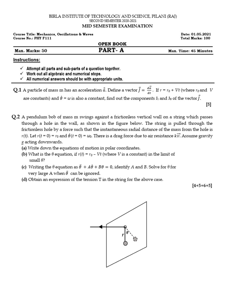 PHYF111_MIDSem_QuestPaper | PDF | Velocity | Force