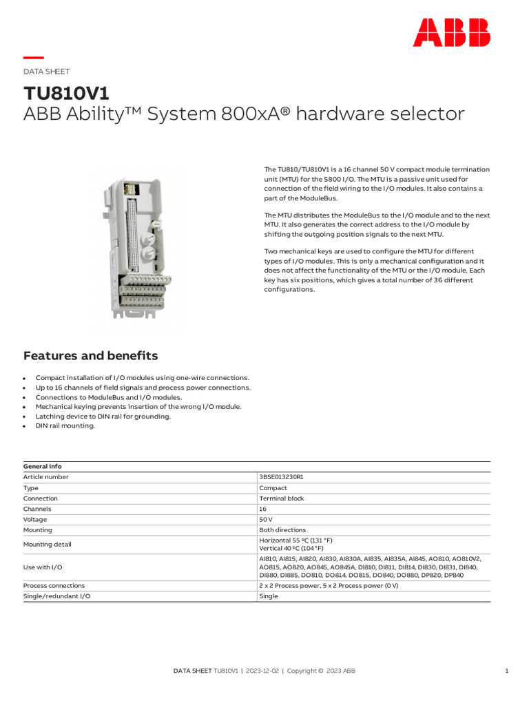 3BSE013230R1 TU810V1 Datasheet | PDF | Input/Output | Programmable Logic Controller