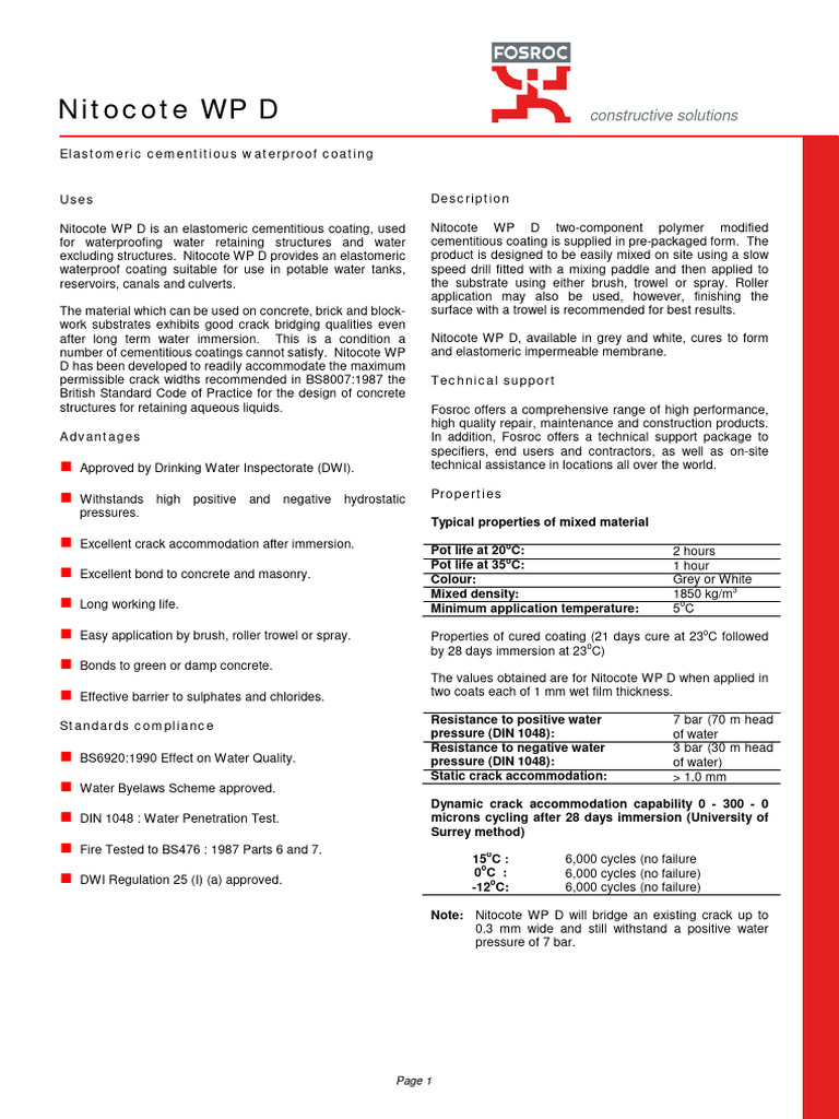 Nitocote WP D | PDF | Concrete | Water