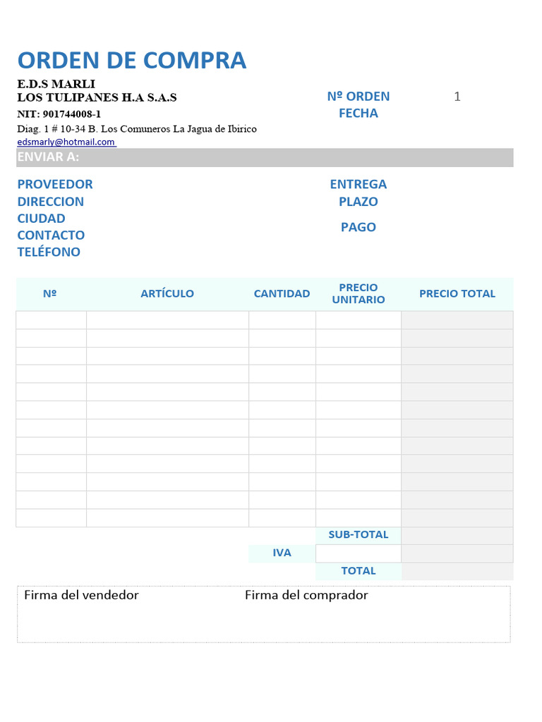 Planilla de Excel de Orden de Compra | PDF