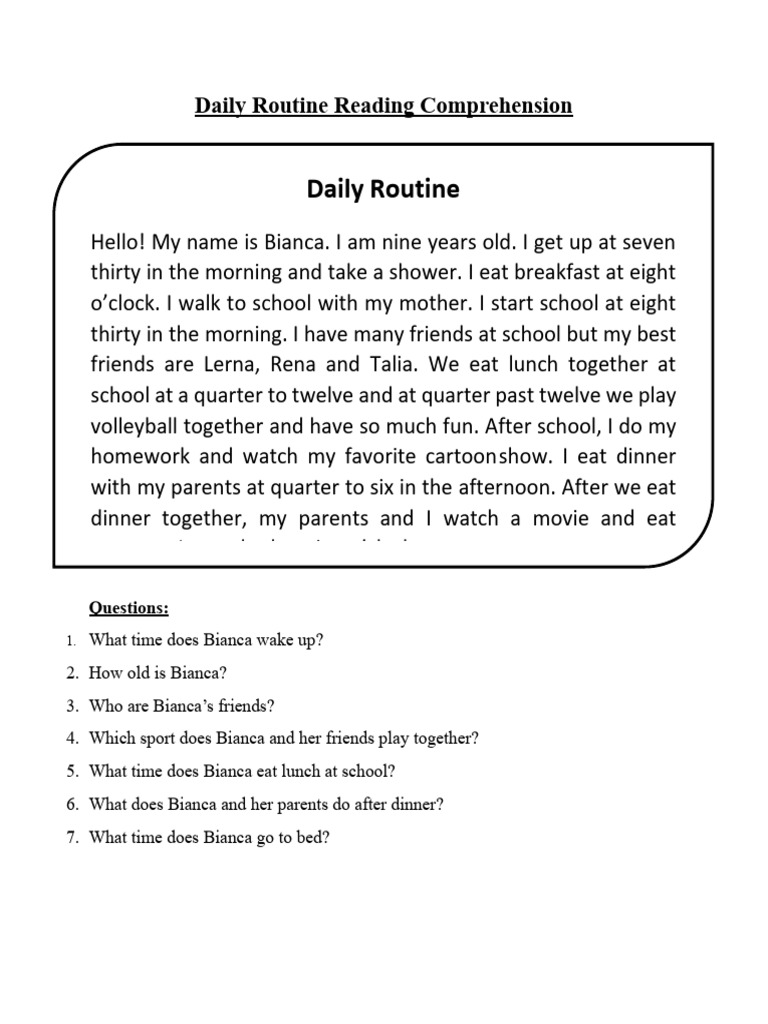Daily Routine Reading Comprehension | PDF