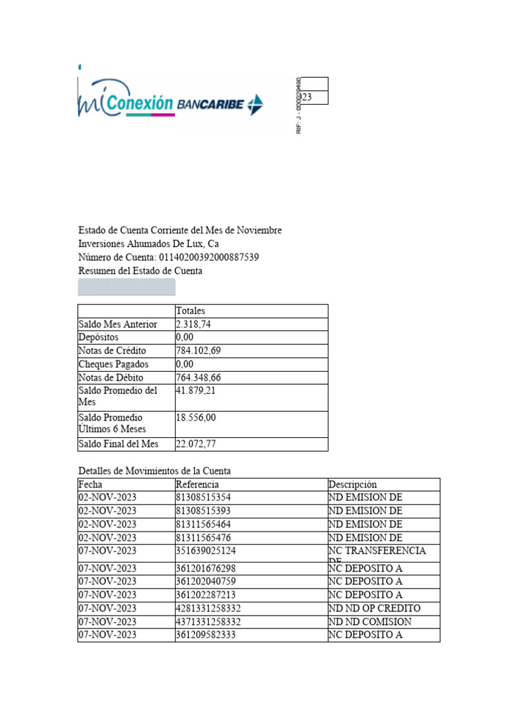 Estado de Cta Bancaribe Noviembre 2023 | PDF | Tarjeta de crédito | Finanzas y dinero