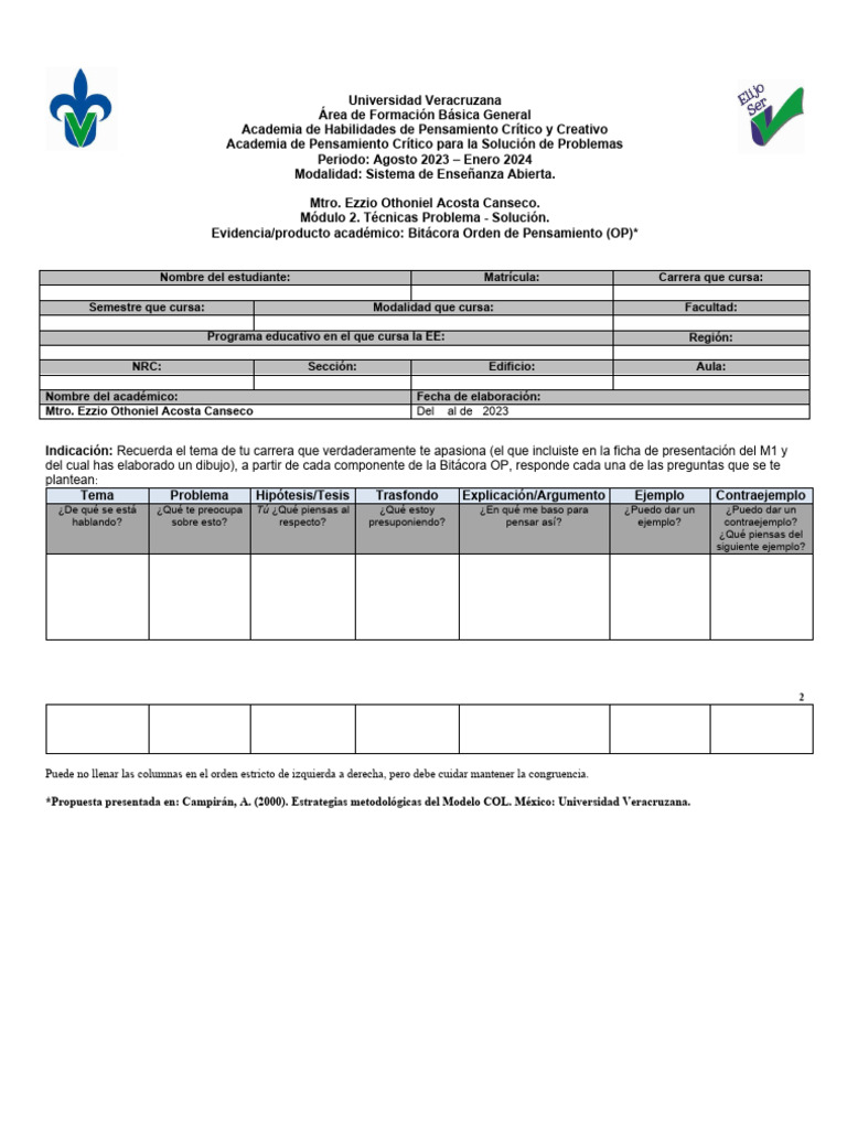 M2-Bitácora OP-Formato para su elaboración | PDF | Pensamiento | Pensamiento crítico