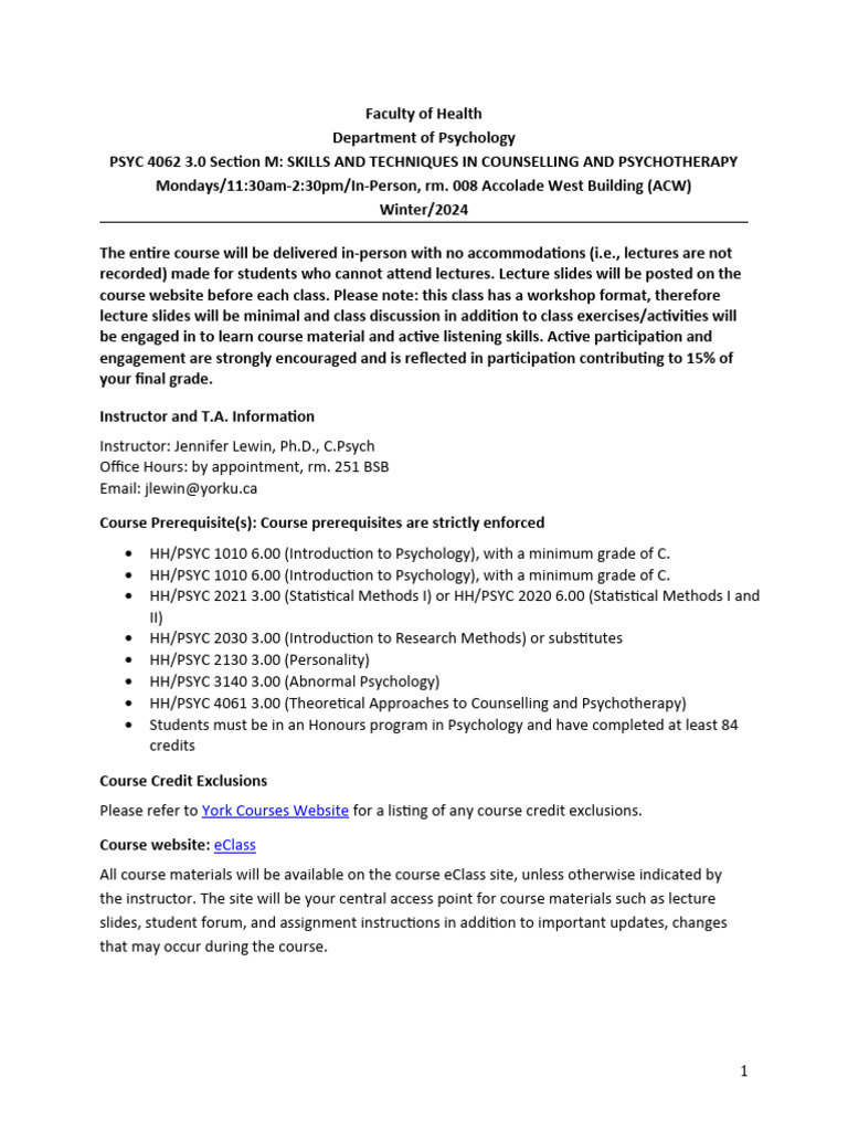 PSYC4062 SectionM CO Winter 2024 Jlewin (2) | PDF | Psychotherapy | Academic Dishonesty