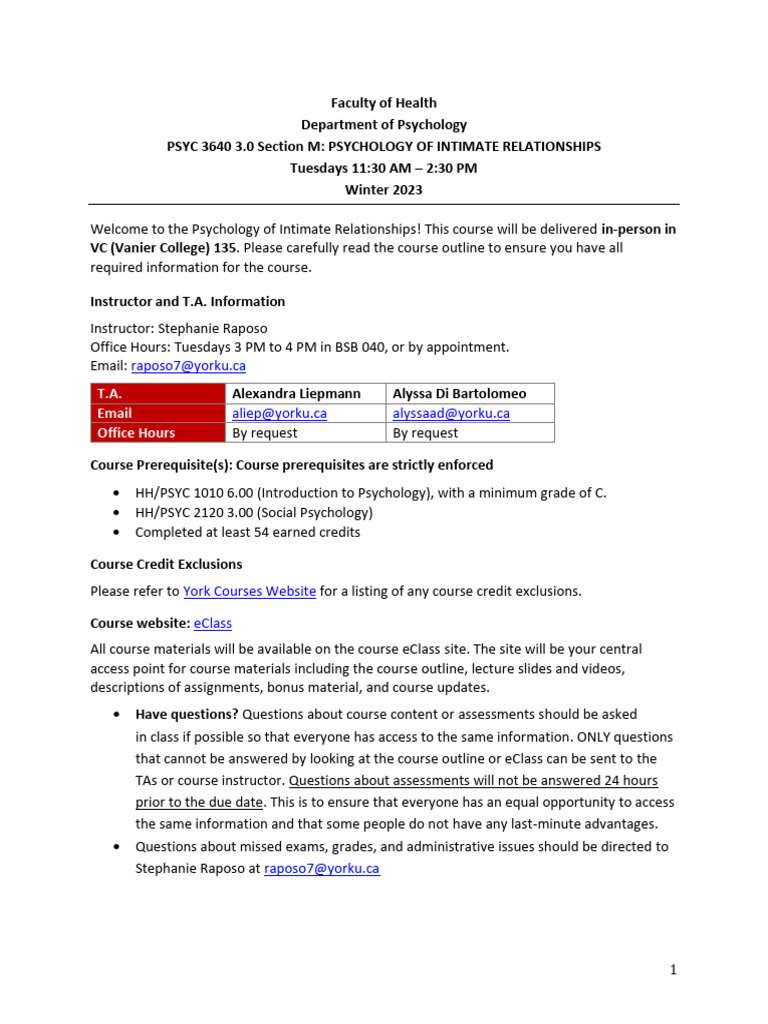 PSYC 3640 Course Outline Intimate Relationship | PDF | Theory ...