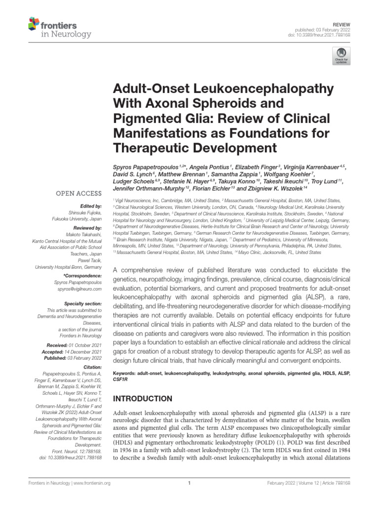 Adult-Onset Leukoencephalopathy With Axonal Spheroids and Pigmented ...