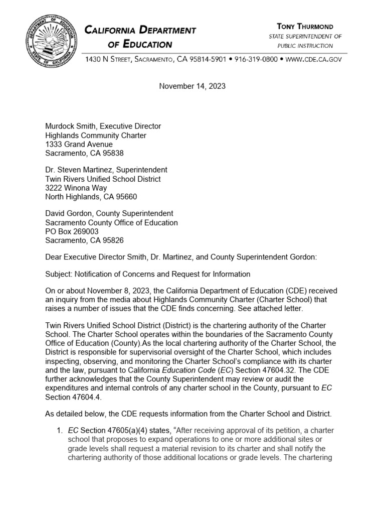 CDE Letter To Highlands Charter, District, and County | PDF | Complaint ...