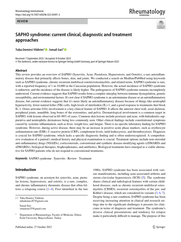 SAPHO Syndrome Current Clinical, Diagnostic and Treatment Approaches ...