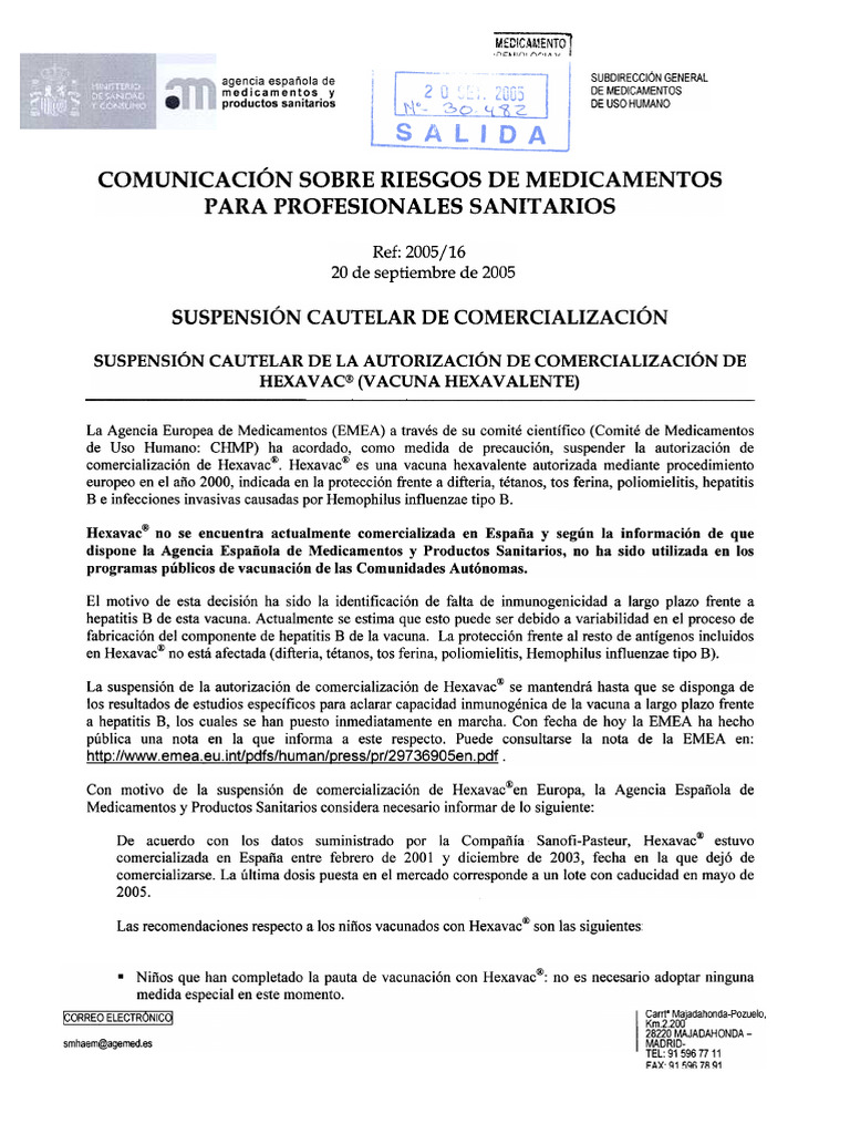 NI 2005-16 Hexavac | PDF | Vacunas | Medicamentos con receta