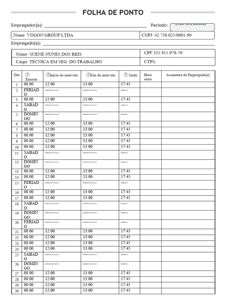 Modelo de Folha de Ponto | PDF