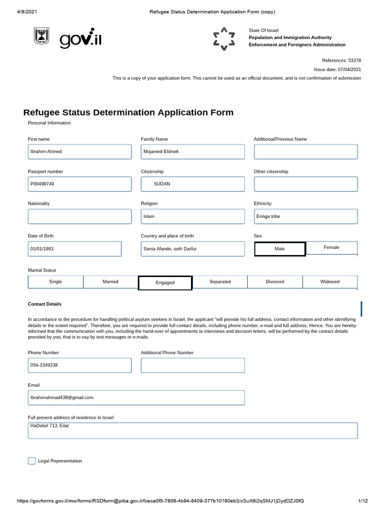 Ibrahim Ahmed RSD Application Form (Copy) | PDF | Refugee | Darfur