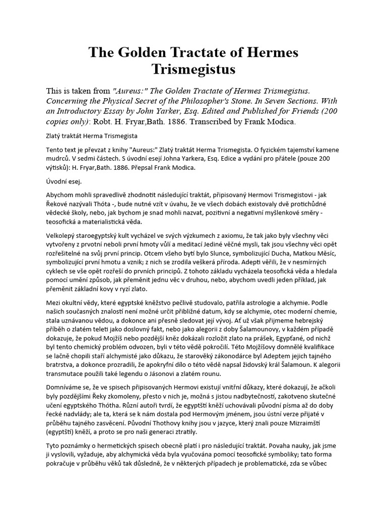 The Golden Tractate of Hermes Trismegistus | PDF