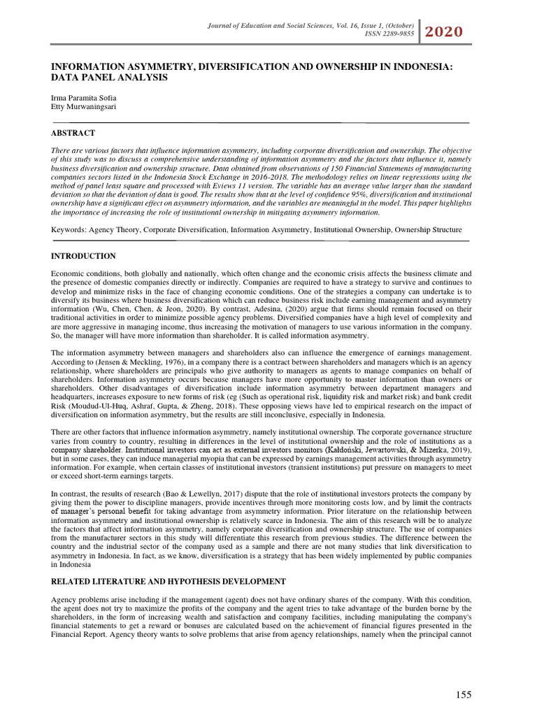 2020 حلوو Information Asymmetry, Diversification and Ownership in Indonesia Data Panel Analysis ...