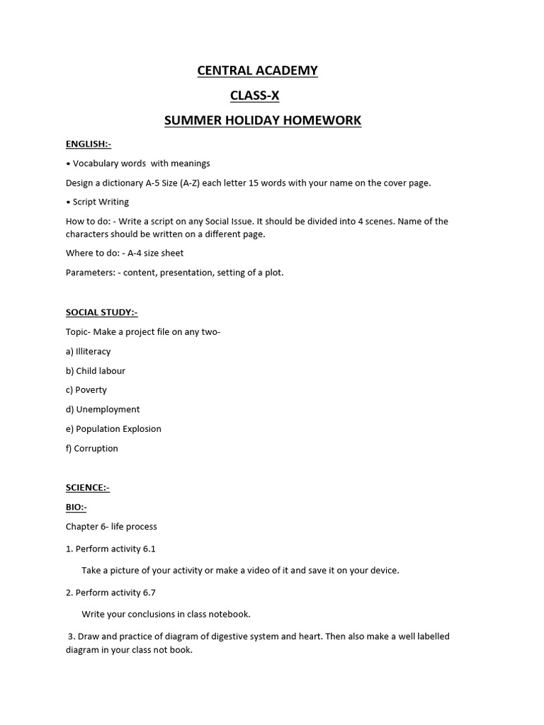 Central Academy Class-X Summer Holiday Homework: English | PDF