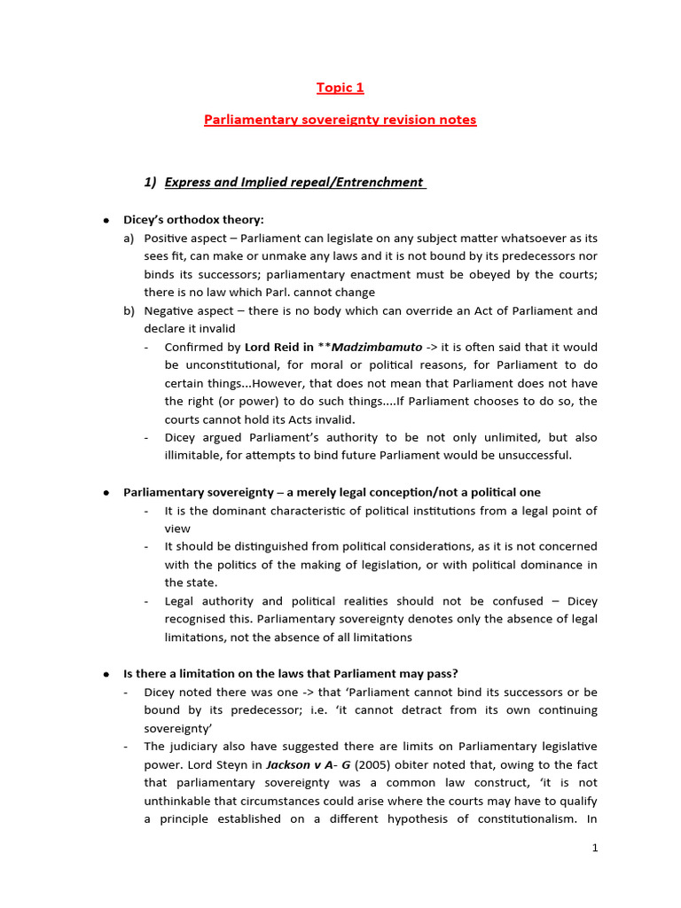 Parliamentary Sovereignty Revision Notes | PDF | Parliament Of The ...