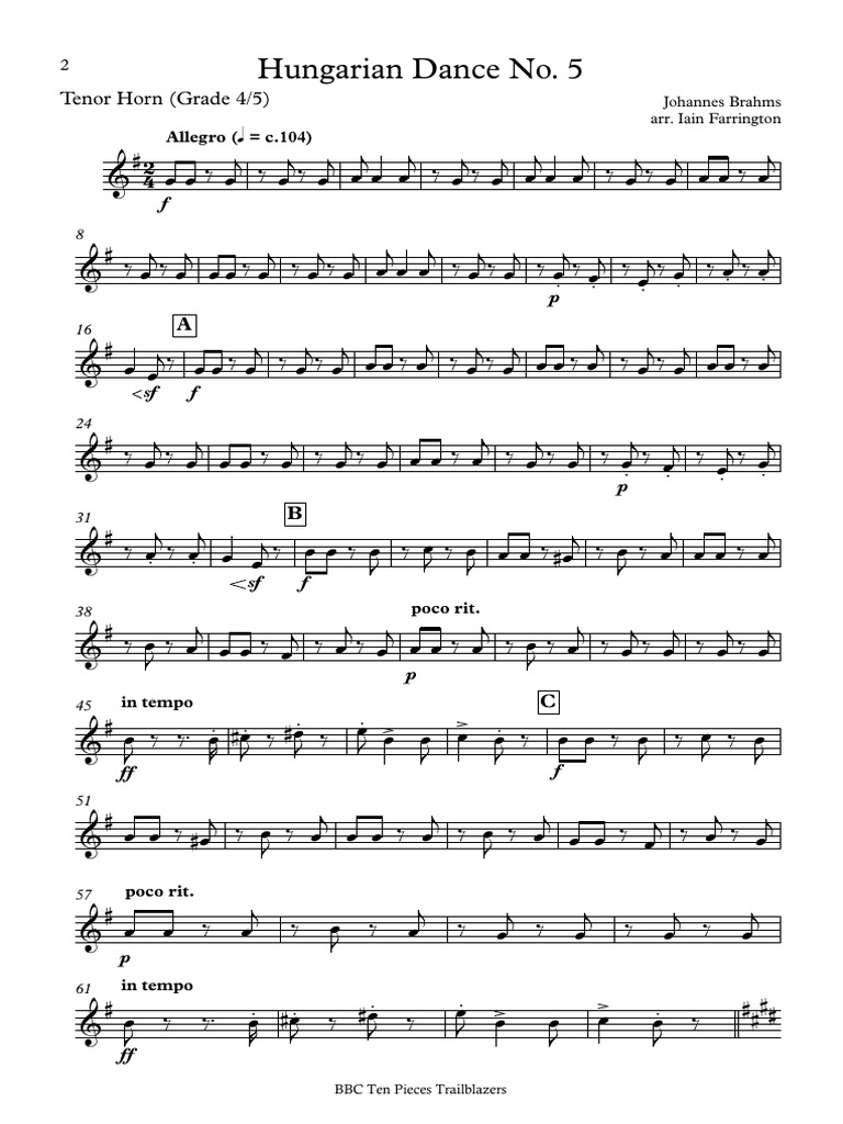 Hungarian Dance 5 (parts) - Tenor Horn (Grade 4 5) | PDF