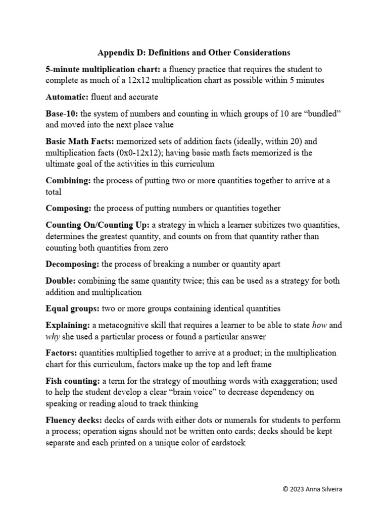 Appendix D Definitions and Other Considerations | PDF | Metacognition | Multiplication