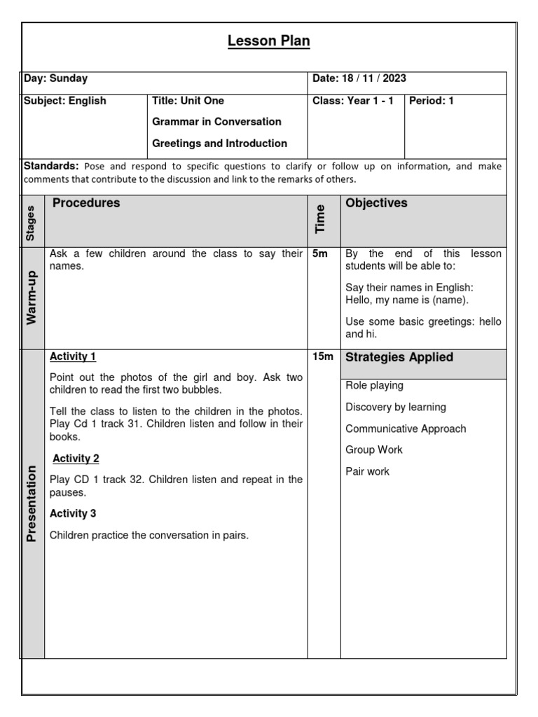 Year 1 English Lesson Plan: Greetings | PDF | Lesson Plan | Cognitive ...