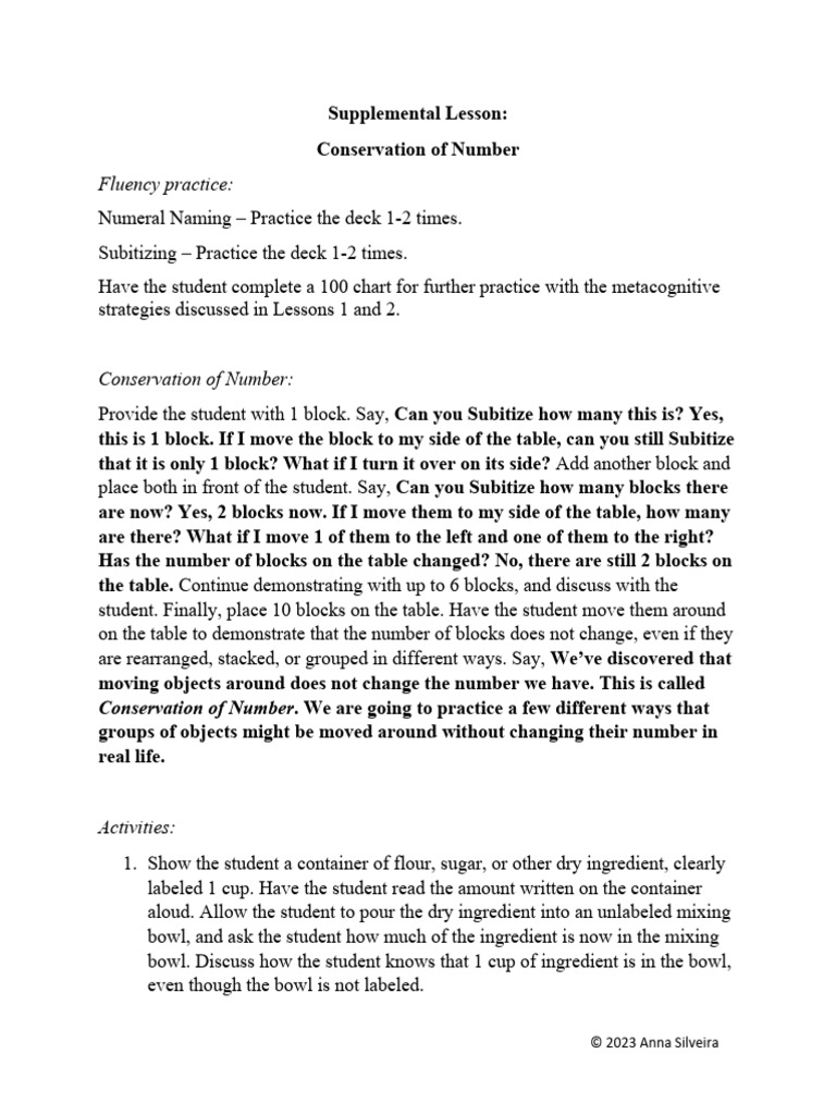 Conservation of Number Supplemental Lesson | PDF