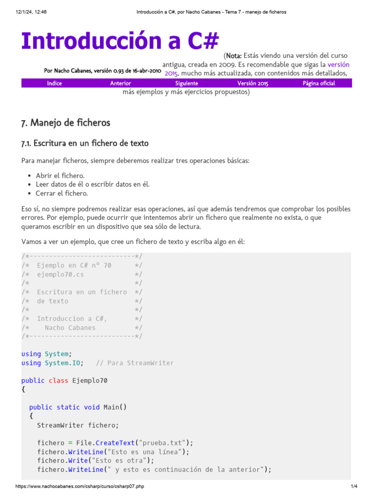 Introducción A C#, Por Nacho Cabanes - Tema 7 - Manejo de Ficheros | PDF | Archivo de ...