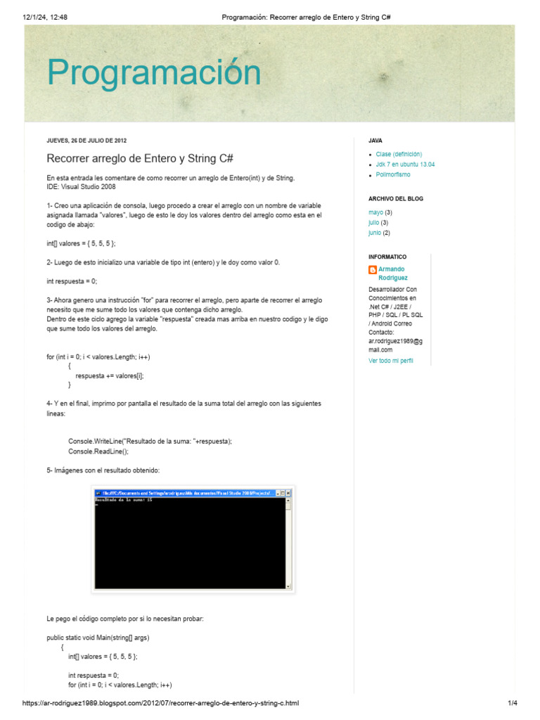 Programación_ Recorrer arreglo de Entero y String C# | PDF | C Sharp (lenguaje de programación ...