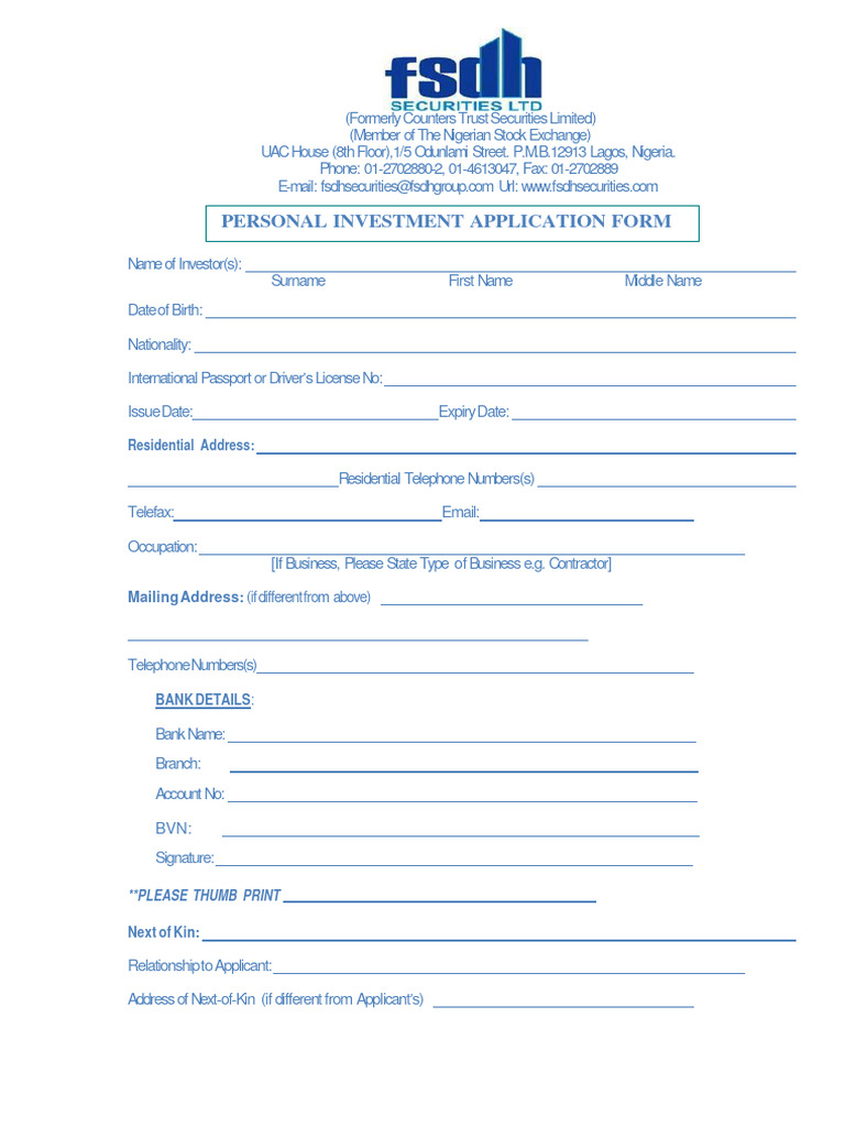 Personal Investment Application Form | PDF | Identity Document | Fax