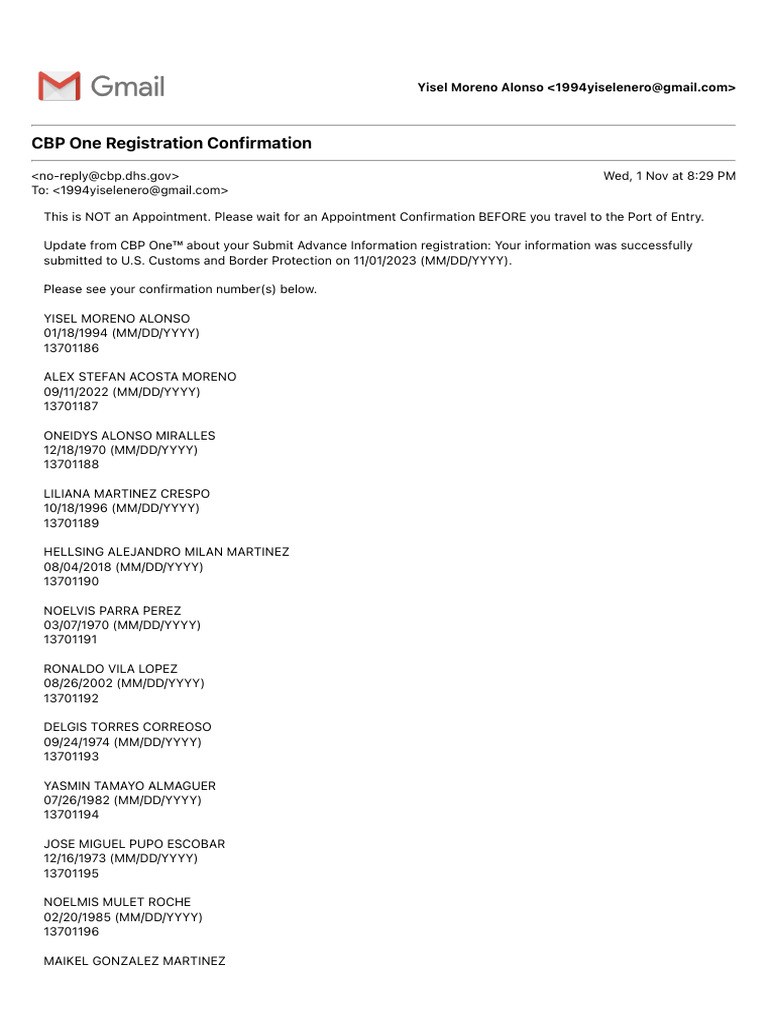 CBP One Registration Confirmation | PDF | U.S. Customs And Border ...