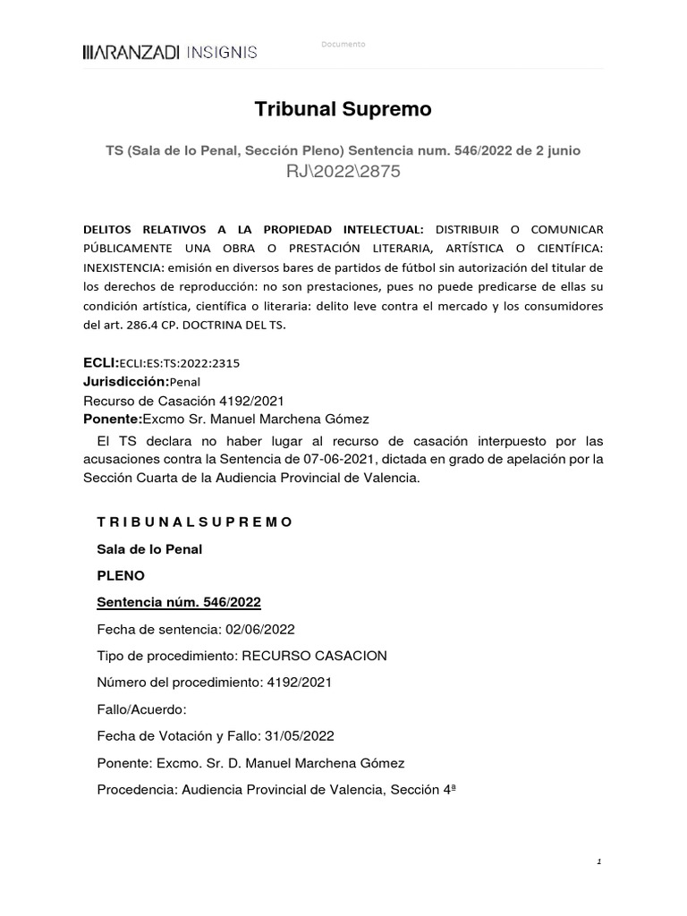 Jur - TS (Sala de Lo Penal Seccion Pleno) Sentencia Num. 546-2022 de 2 ...