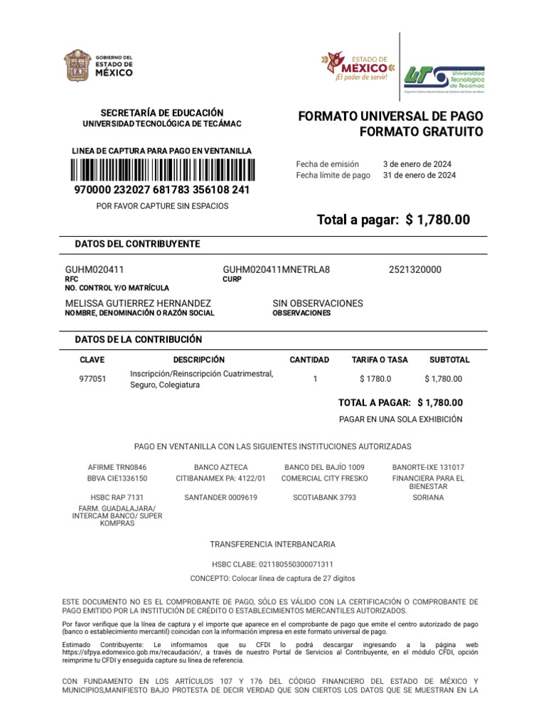 Formato de Pago Universal Mel9 | PDF | Economias | Finanzas personales Formato de Pago Universal Mel9 | PDF | Economias | Finanzas personales