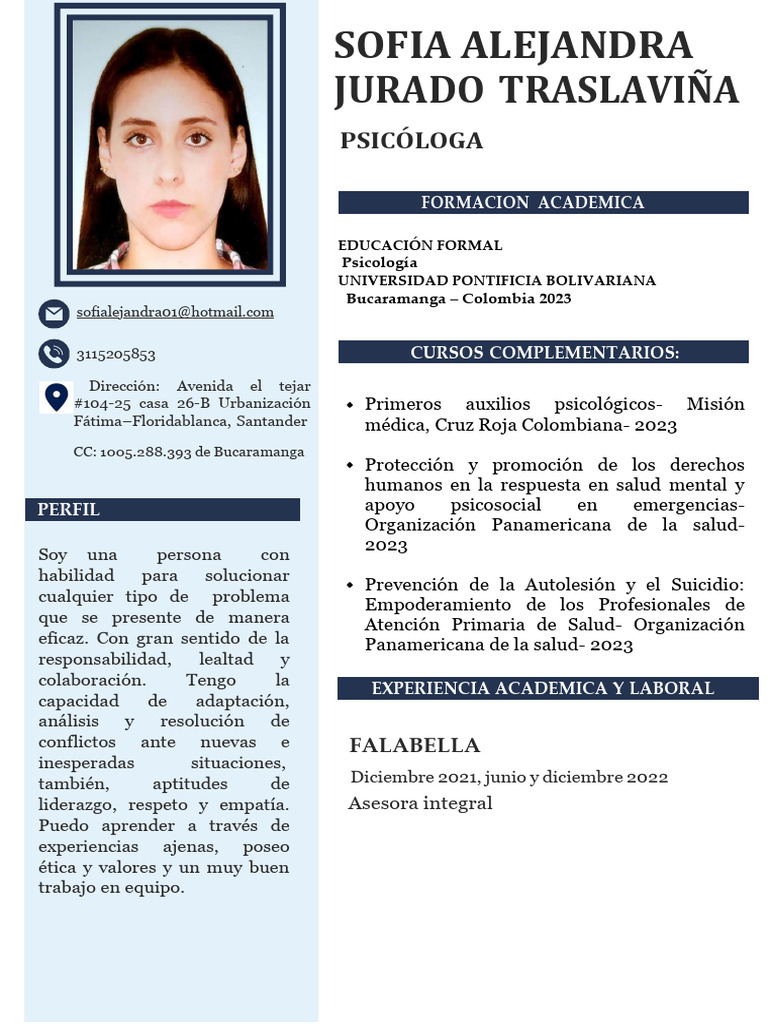Hoja de Vida Sofia Jurado | PDF | Colombia | Sicología