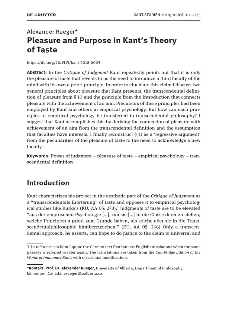 Pleasure and Purpose in Kant's Theory of Taste | PDF | Philosophy