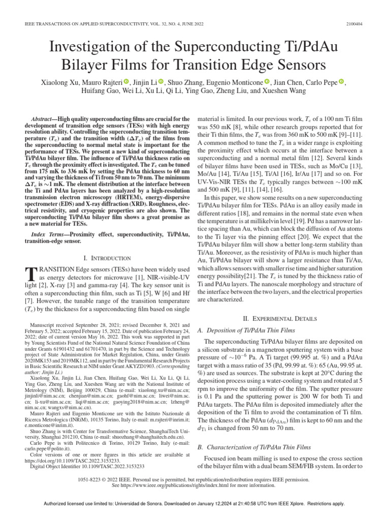 Investigation of The Superconducting Ti PdAu Bilayer Films For Transition Edge Sensors | PDF ...