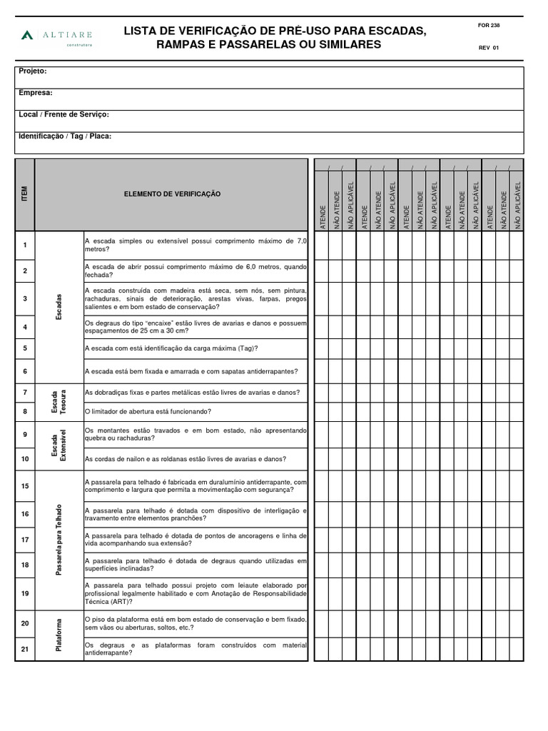 FOR 238 - LISTA DE VERIFICAÇÃO DE PRÉ-USO PARA ESCADAS, RAMPAS E ...