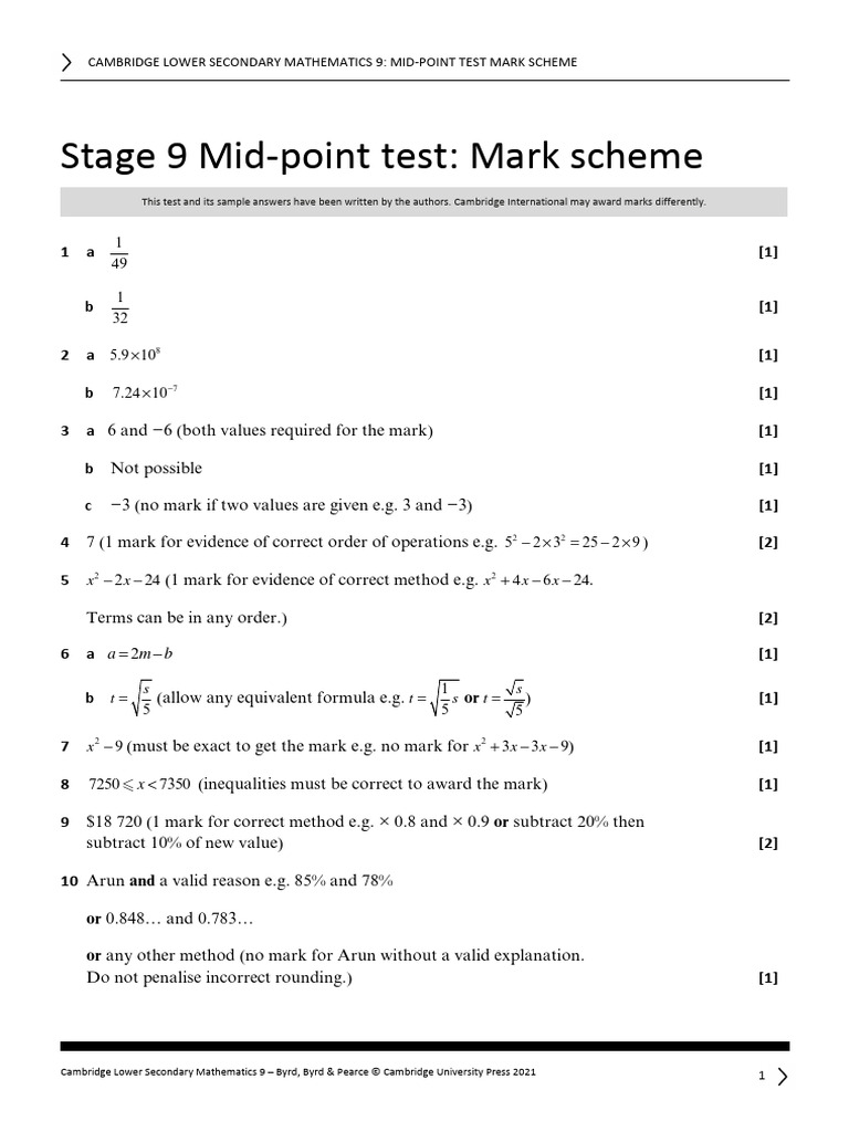 Mid-Point Test Mark Scheme for Year 9 | PDF | Mathematics | Statistics