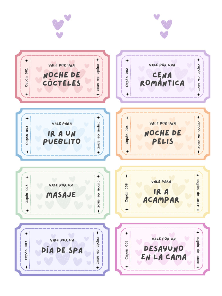 Cupón De Amor Vales Para San Valentín Cumpleaños Imprimibles Románticos