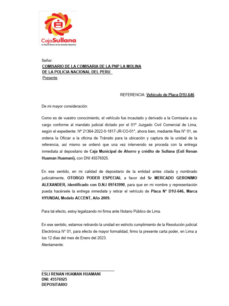 CARTA PODER - COMISARIA La MOLINA | PDF