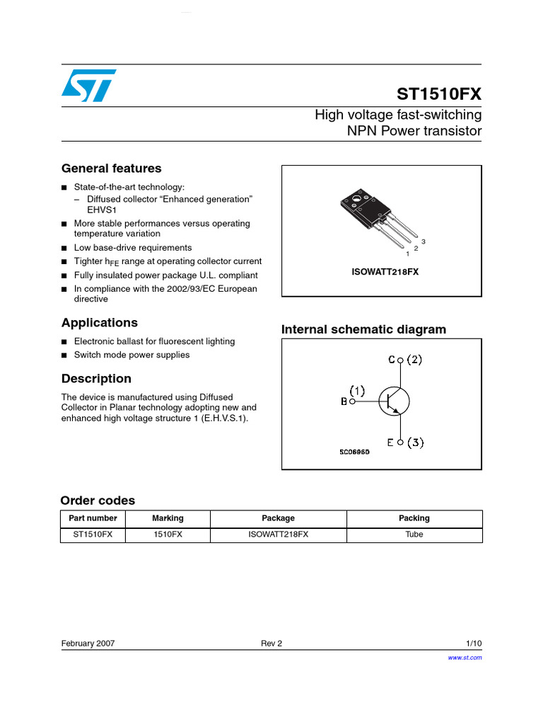 ST1510FX-ST Microelectronics | PDF | Bipolar Junction Transistor | Electronics