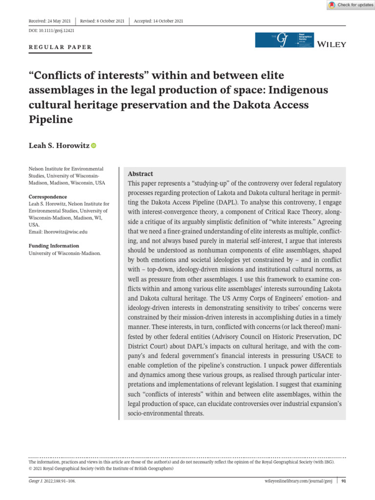 Horowitz 2022 GJ - Conflicts of Interests | PDF | Dakota Access ...