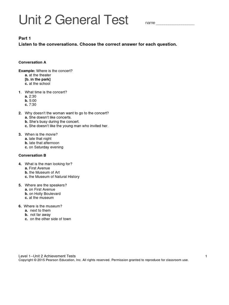 Top Notch 1 Unit 2 Assessment (1) (1) | PDF | All Rights Reserved