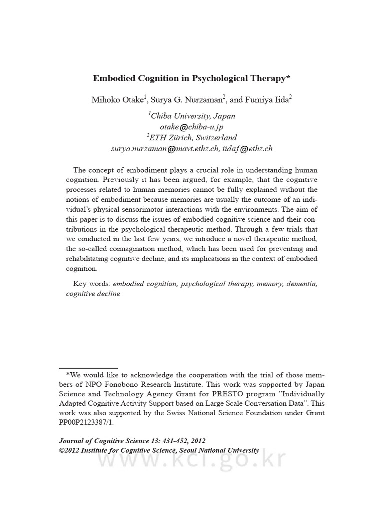 Embodied Cognition in Psychological Therapy | PDF | Embodied Cognition | Memory